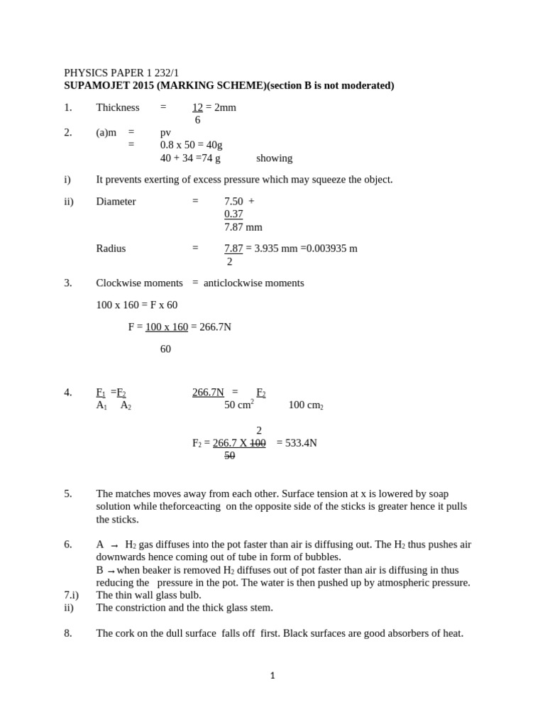 Marking Scheme - MOCK - P1 - JULY 2015 | PDF | Temperature | Buoyancy
