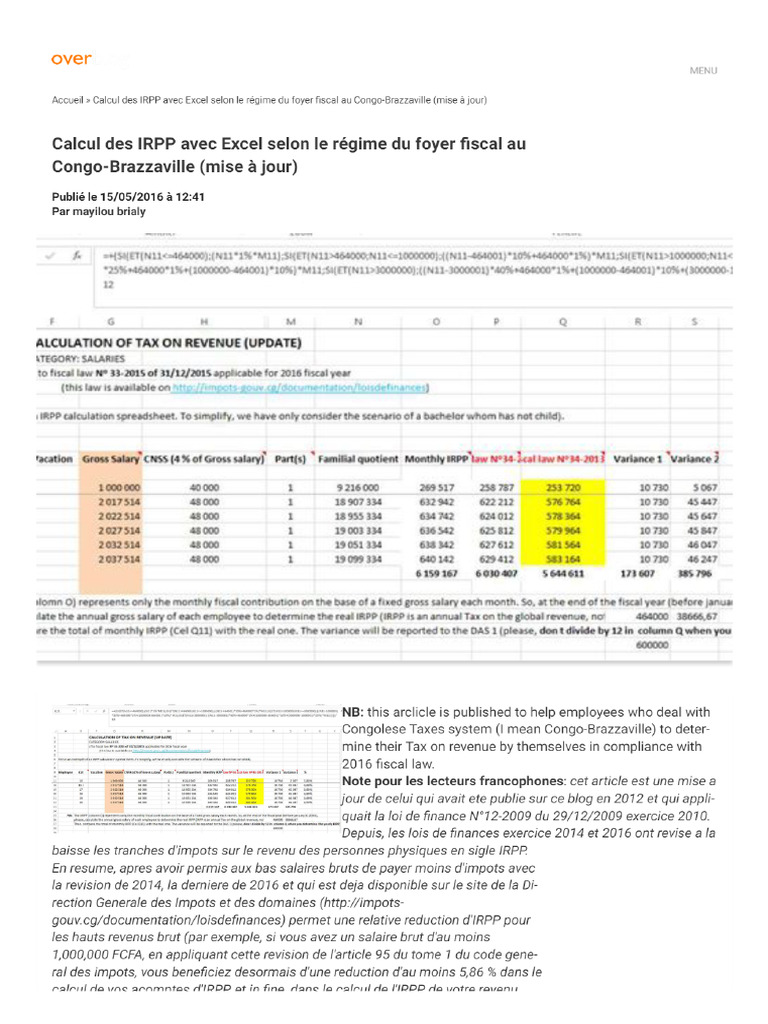 Calcul Des IRPP Avec Excel Selon Le Régime Du Foyer Fiscal Au Congo-Brazzaville (Mise À Jour ...
