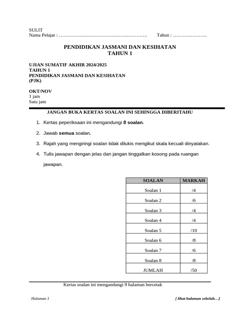 Skema Usa PJK THN 1 Set 1 2024 2025 by Cikgu Gorgeous | PDF