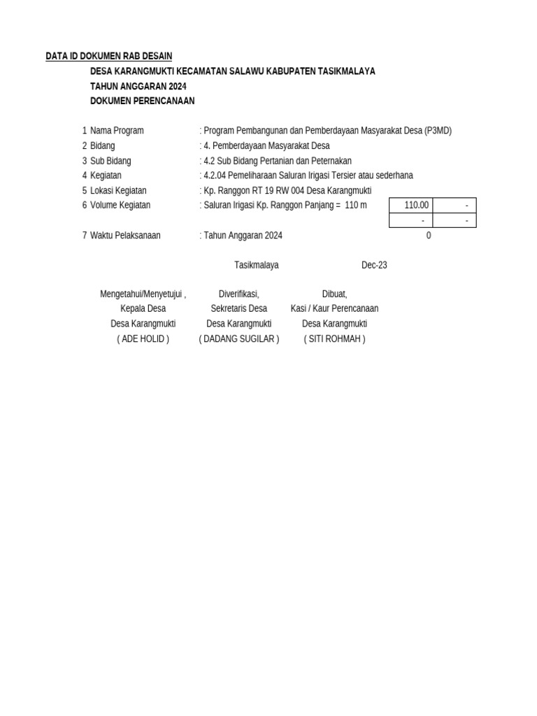 RAB Ok Saluran Irigasi Kp. Ranggon | PDF