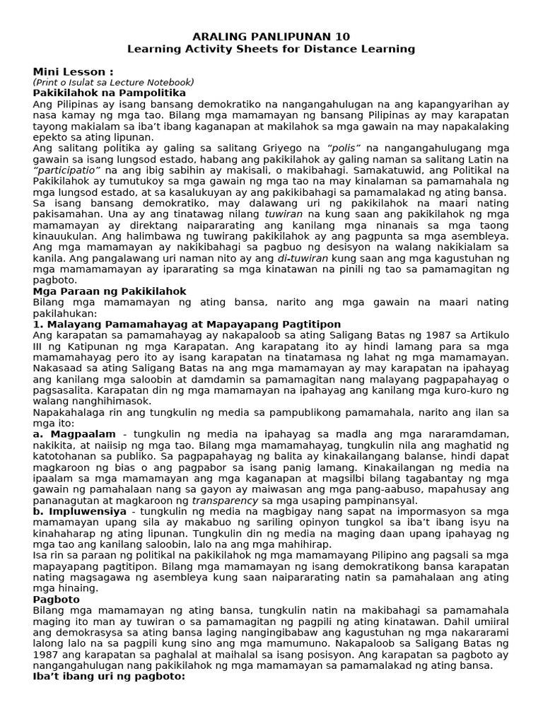 Araling Panlipunan 10 Learning Activity Sheets For Distance Learning Mini Lesson | PDF