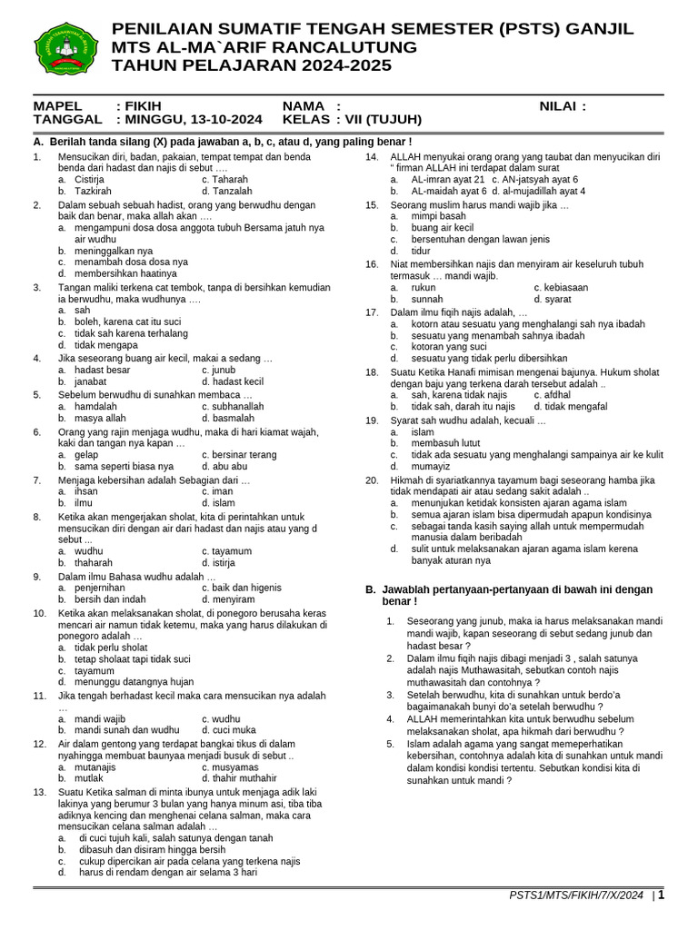 PSTS1 Fikih 7 TH24 | PDF