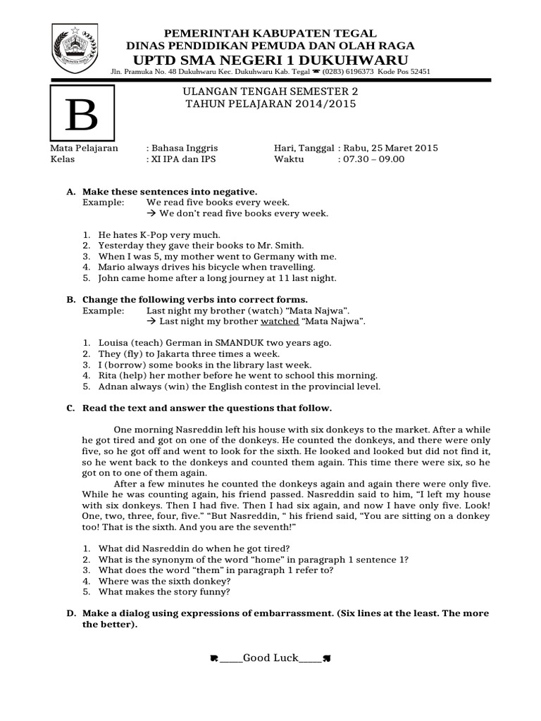 UTS 2 KELAS XI 2015 (B) | PDF | Semantic Units | Language Mechanics