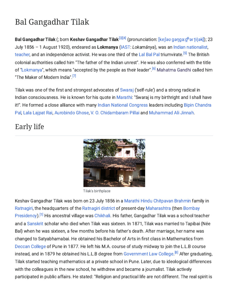 Bal Gangadhar Tilak - Wikipedia | PDF