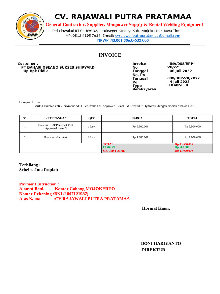 Invoice Prosedur NDT dan Hydrotest | PDF