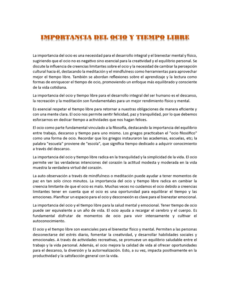 Importancia del Ocio para el Bienestar | PDF | Ocio | Mente