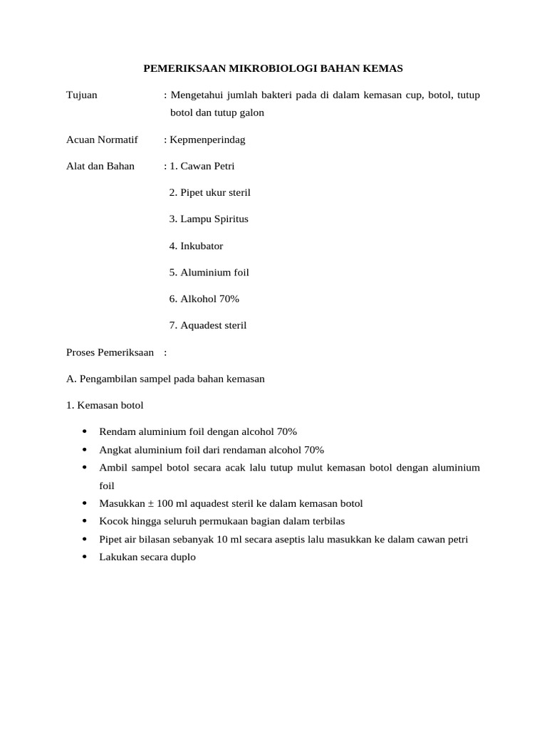 Pemeriksaan Mikrobiologi Bahan Kemas | PDF
