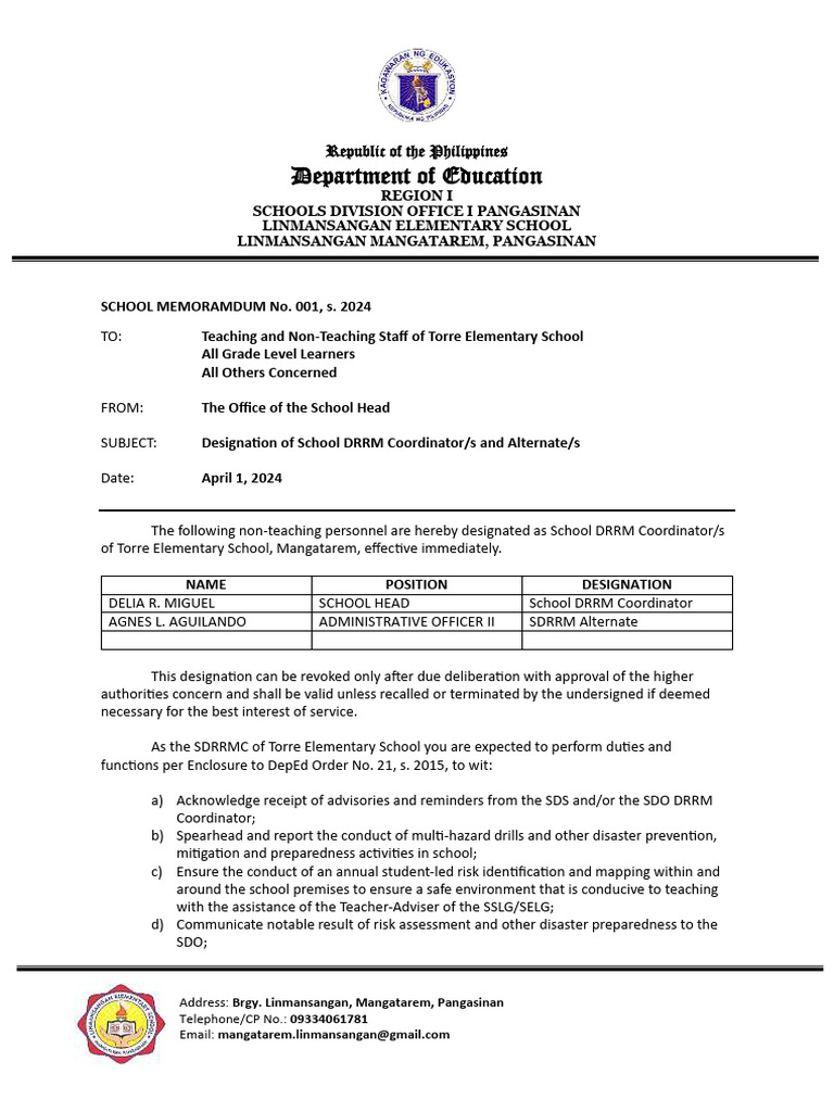Designation of School DRRM Coordinator and Alternate | PDF | Emergency ...