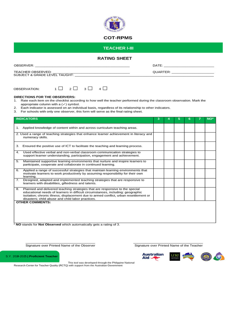 Appendix C 04 COT RPMS Rating Sheet For T I III For SY 2024 2025 | PDF | Teachers | Learning