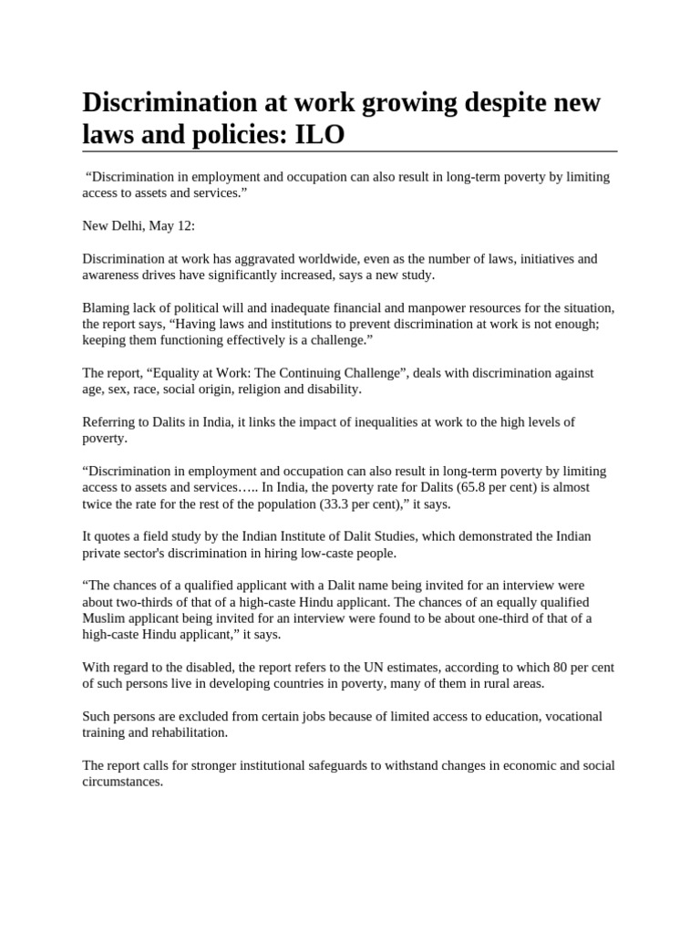 Discrimination at Work Growing Despite New Laws and Policies ILO | PDF
