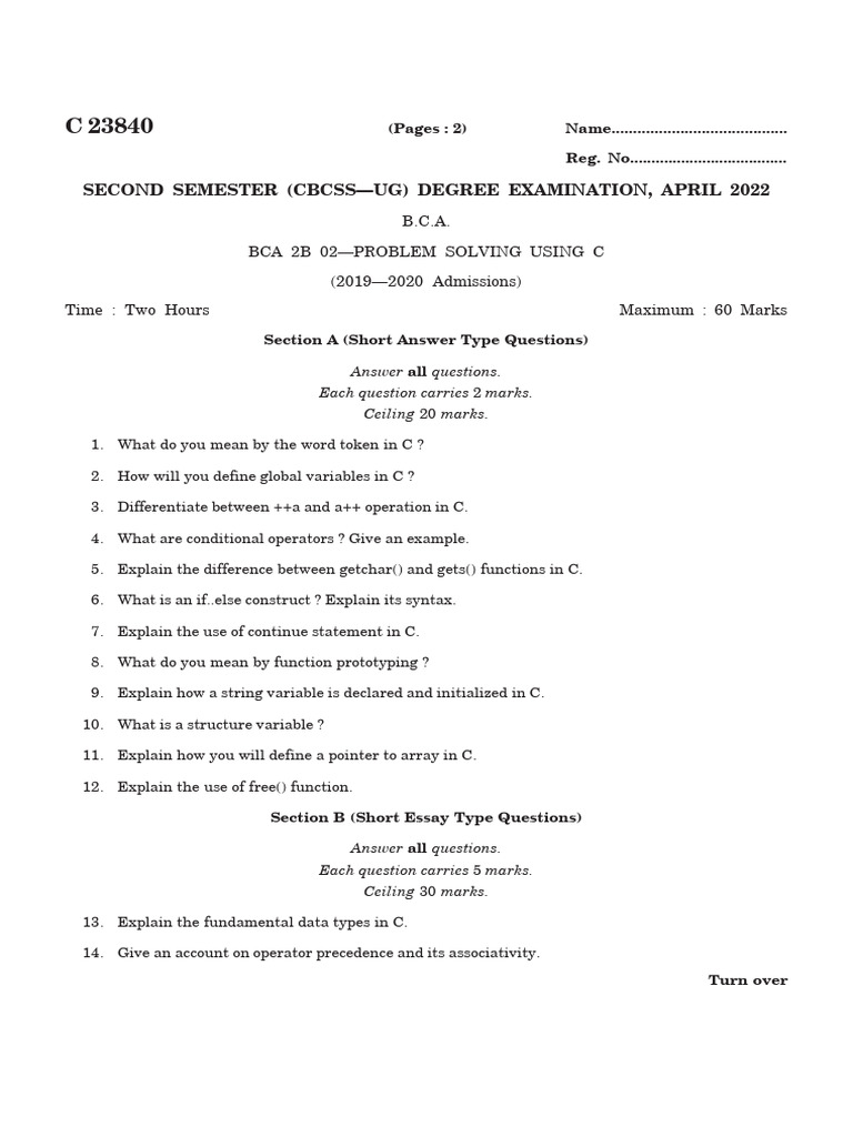 BCA C Programming Exam Questions | PDF | Pointer (Computer Programming ...