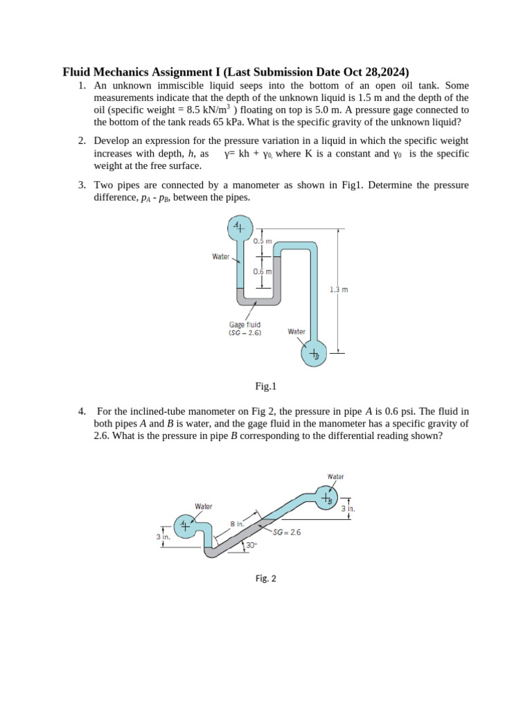 Fluid Mechanics Assignment Problems | PDF | Pressure | Pressure Measurement