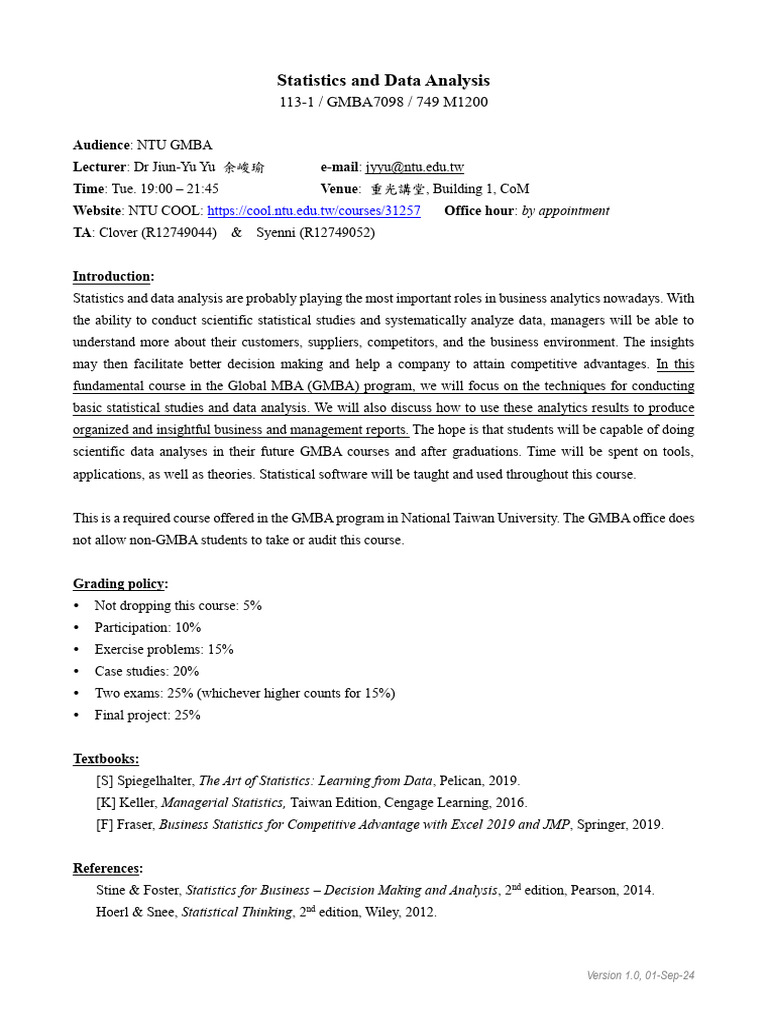113-1 GMBA Stats-Data-Analysis Syllabus v1 | PDF | Statistics | Data Analysis