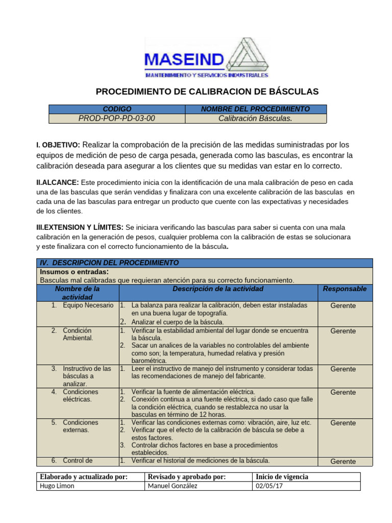 Procedimiento de Calibracion de Basculas | PDF | Calibración