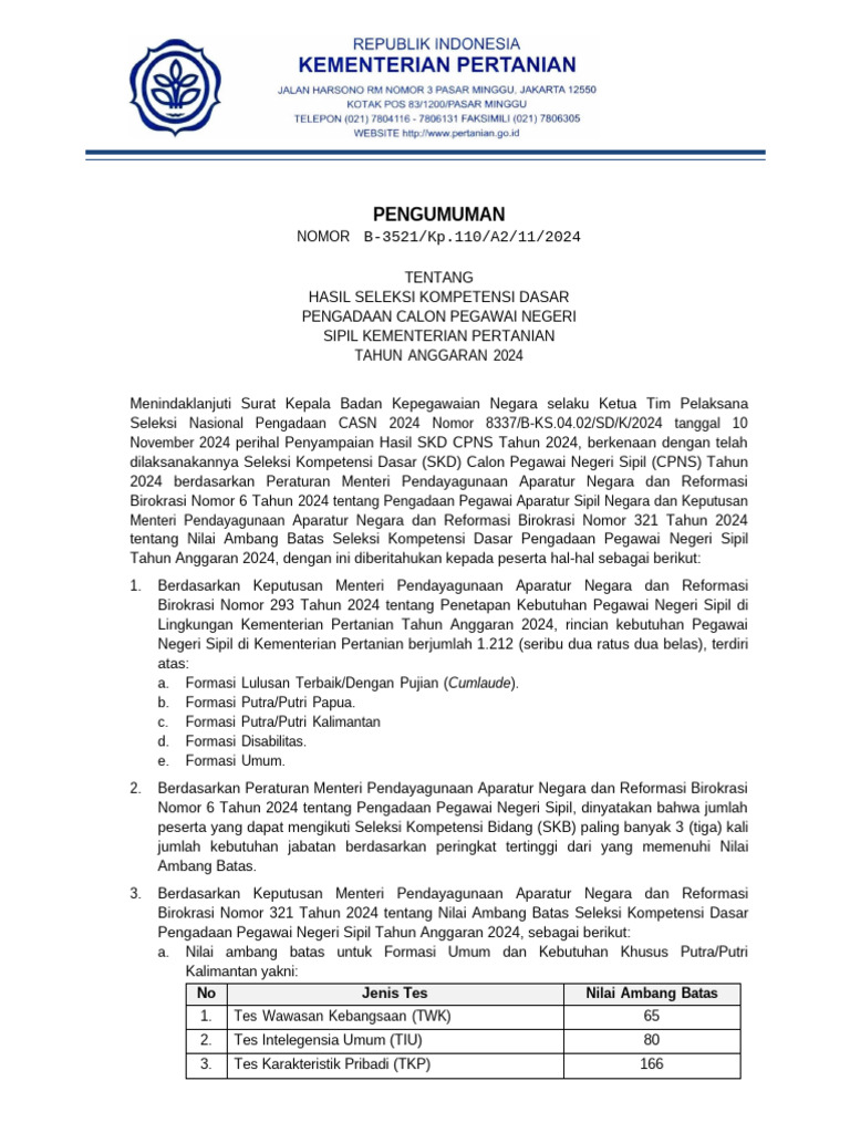 Hasil Seleksi SKD CPNS Kementerian Pertanian 2024 | PDF