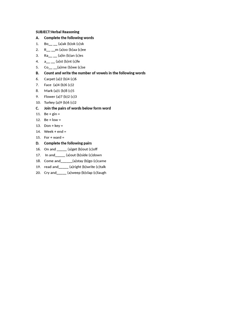 Verbal Reasoning Basic One | PDF | Language Arts & Discipline ...