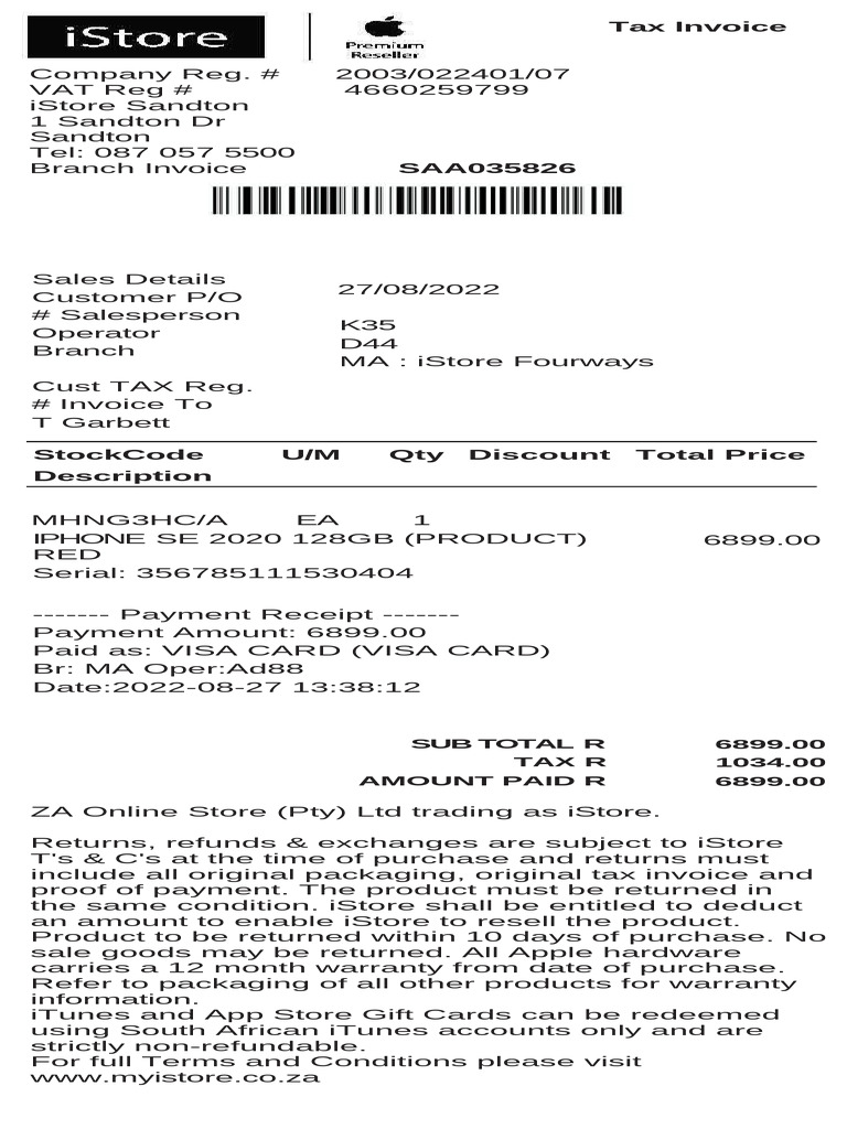 iStore Receipt for iPhone SE Purchase | PDF