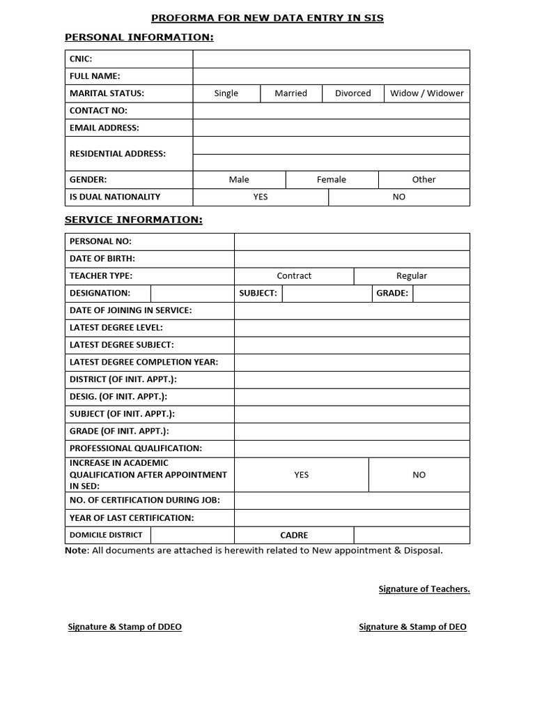 Proforma For New Data Inter in SIS | PDF