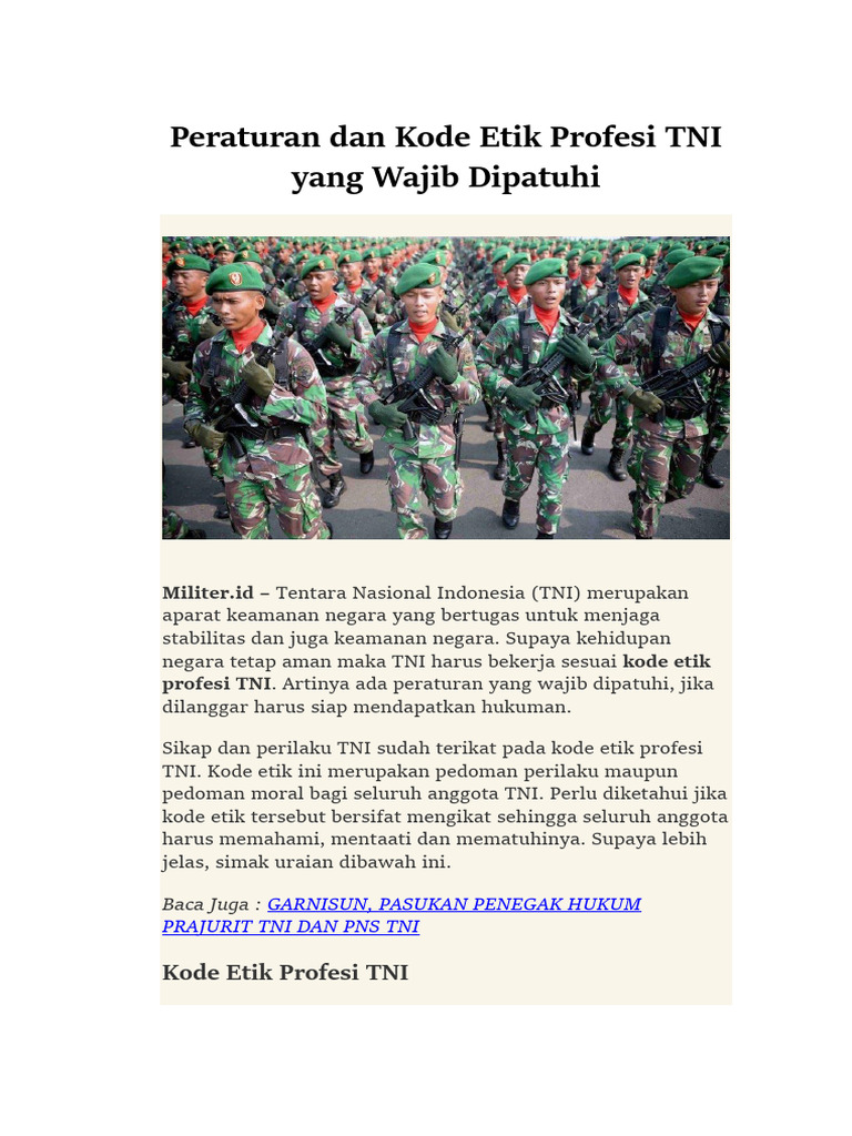 Peraturan Dan Kode Etik Profesi TNI Yang Wajib Dipatuhi | PDF