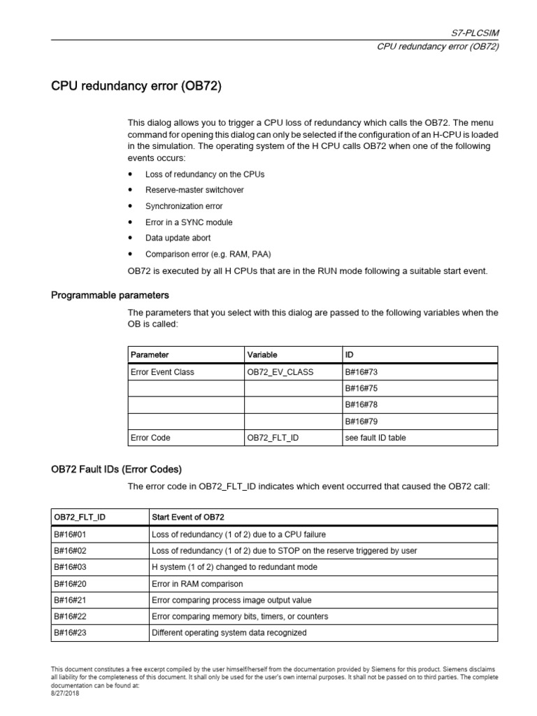 S7-PLCSIM - CPU Redundancy Error (OB72) | PDF | Central Processing Unit | Parameter (Computer ...