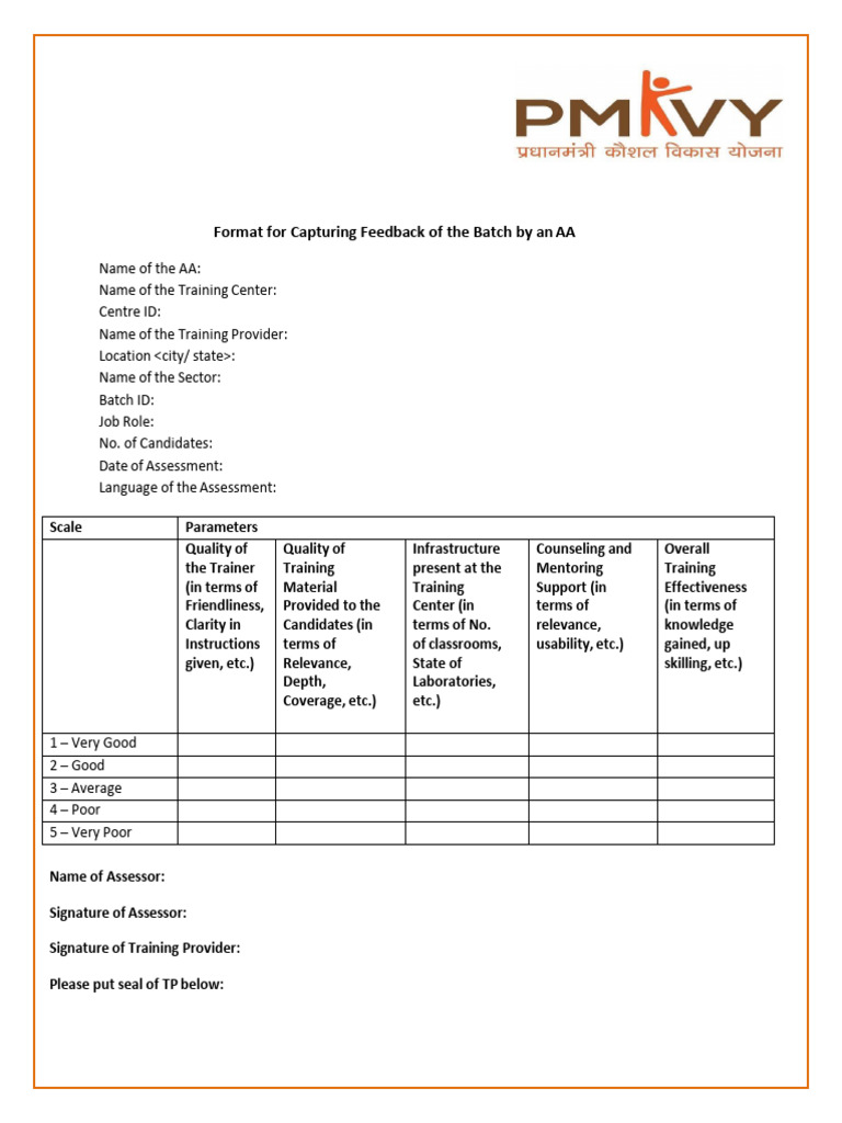 Assessor Feedback Form for Training Batch | PDF