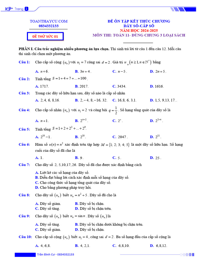 De On Tap Cuoi Chuong Day So Cap So Cong Va Cap So Nhan Trang 1 Đã G P | PDF