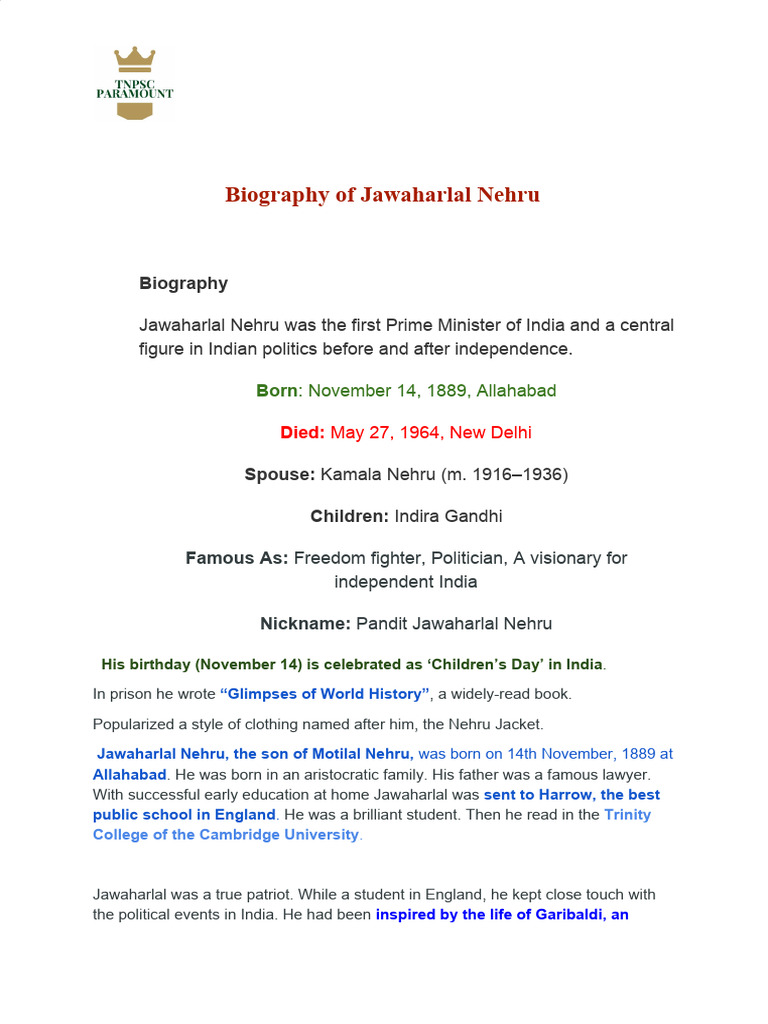 Biography of Jawaharlal Nehru | PDF | Jawaharlal Nehru | British India