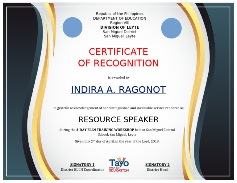 Certificate of Recognition for ELLN Workshop | PDF