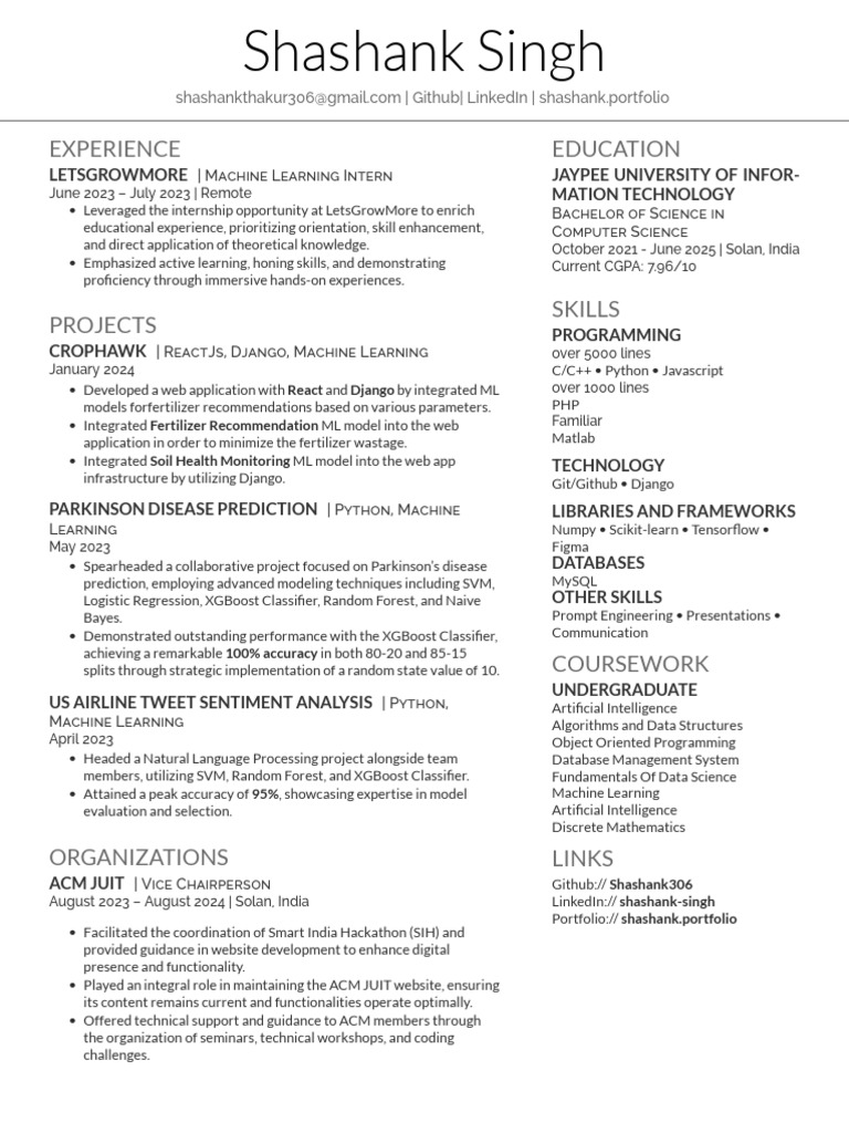 Resume (Shashank Singh) | PDF | Machine Learning | Support Vector Machine