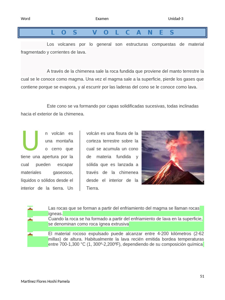 Los Volcanes: Word Examen Unidad-3 | PDF | Volcán | Magma