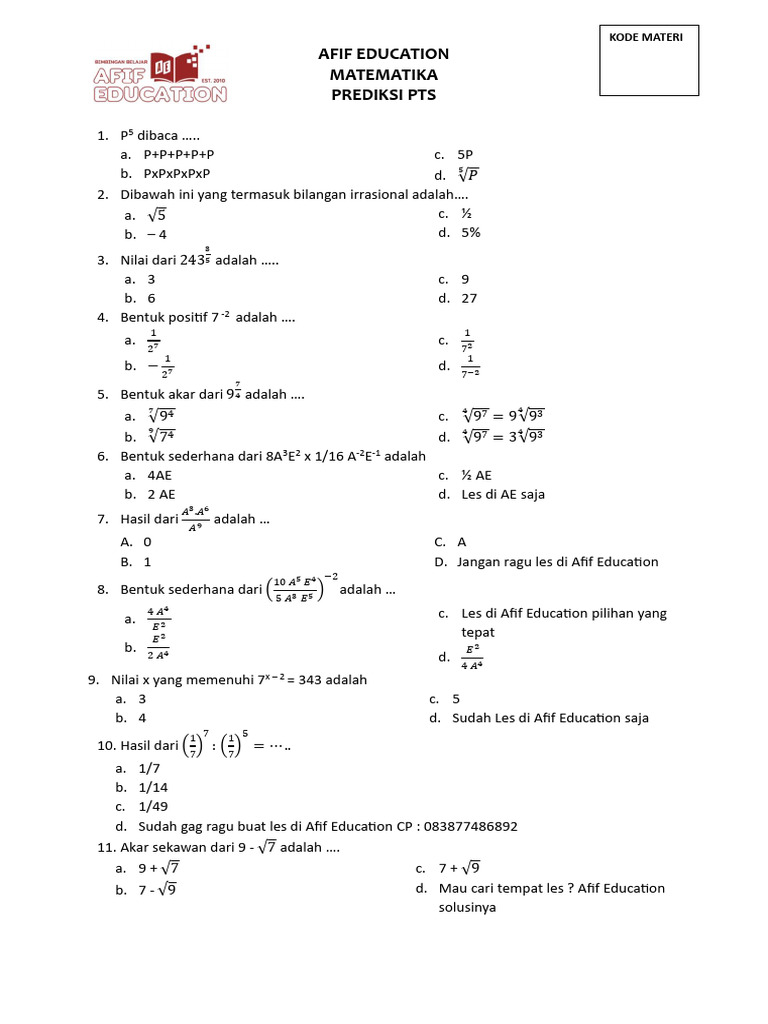 Persiapan PTS MTK Kelas 9 2023-2024 Part 1 | PDF
