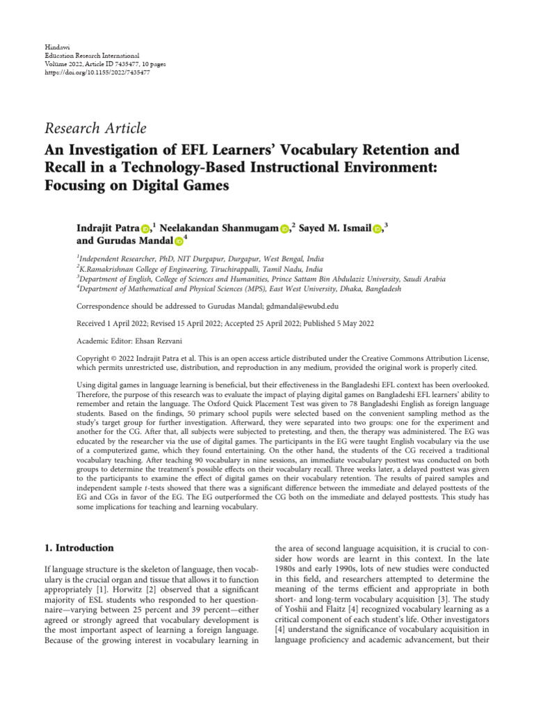 EFL Vocabulary Retention via Digital Games | PDF | Learning | Student's ...