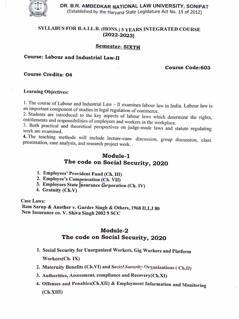 Labour Law-II Tentative Syllabus | PDF