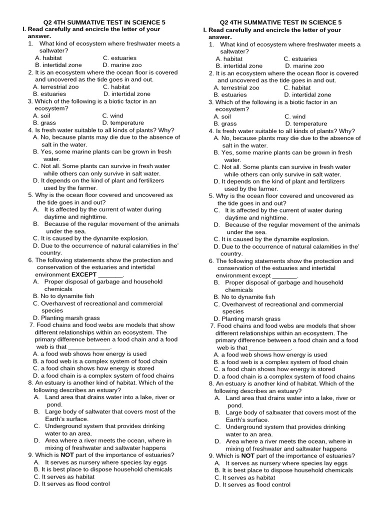 q2 4th Summative Test in Science 5 | PDF | Estuary | Habitat
