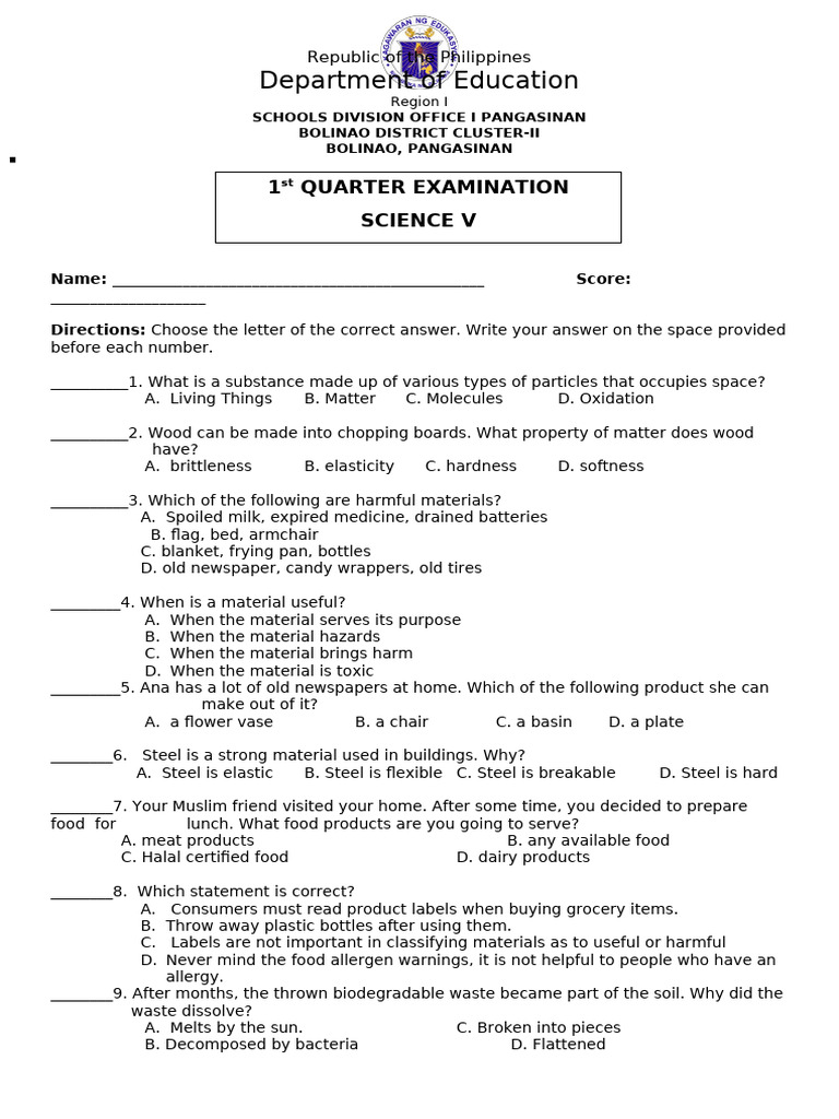 Grade 5 - 1st Quarter Test Questionnaire | PDF | Evaporation | Recycling