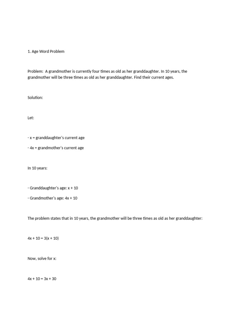 Age Word Problem Mixture Distance Rate and Time Problem | PDF | Equations | Variable (Mathematics)