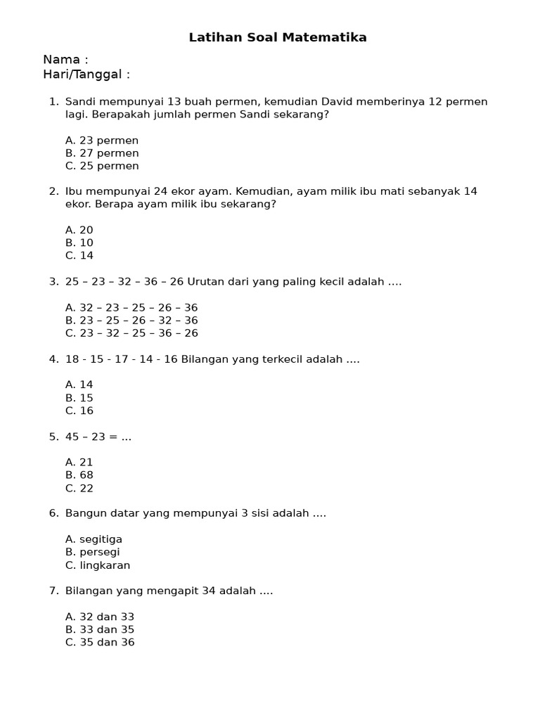 Latihan Soal Kelas 1 SD | PDF | Olahraga & Rekreasi | Seni & Disiplin Bahasa