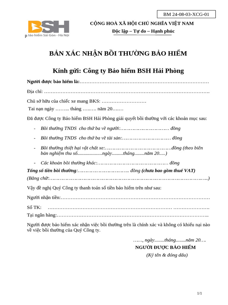 BM 01-08-03-XCG-01 Ban xac nhan boi thuong (Mẫu mới) | PDF