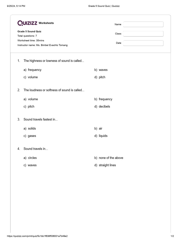 Grade 5 Sound Quiz - Quizizz | PDF | Sound | Pitch (Music)