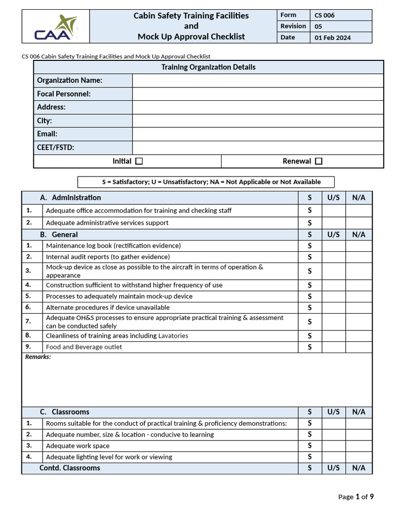 CAA Cabin Mock Up Evaluation Checklist 2024 | PDF | Simulation