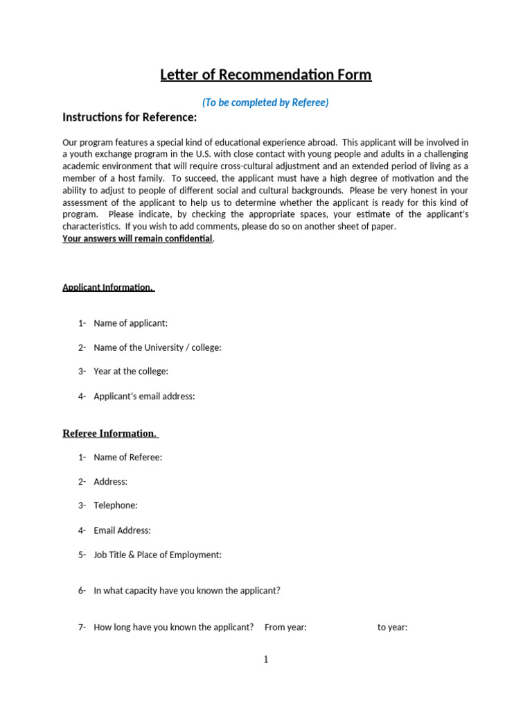Letter of Recommendation Form | PDF | Leadership | Social Psychology