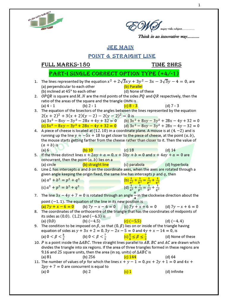Revision Test Point and Straight Line (Jee Main) | PDF | Line (Geometry ...