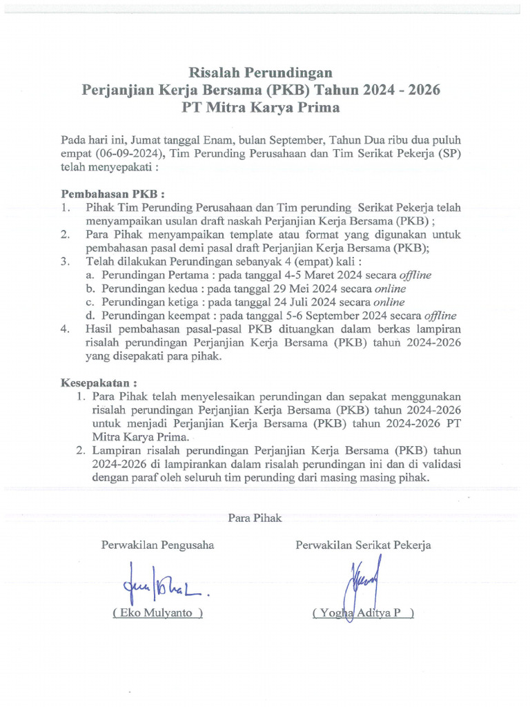 Risalah Perundingan PKB TH 2024-2025 MKP-1 | PDF