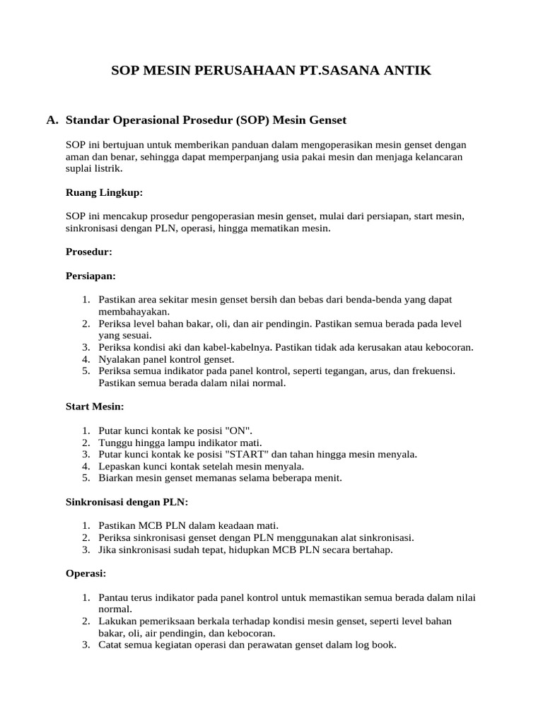 Sop Mesin Genset | PDF