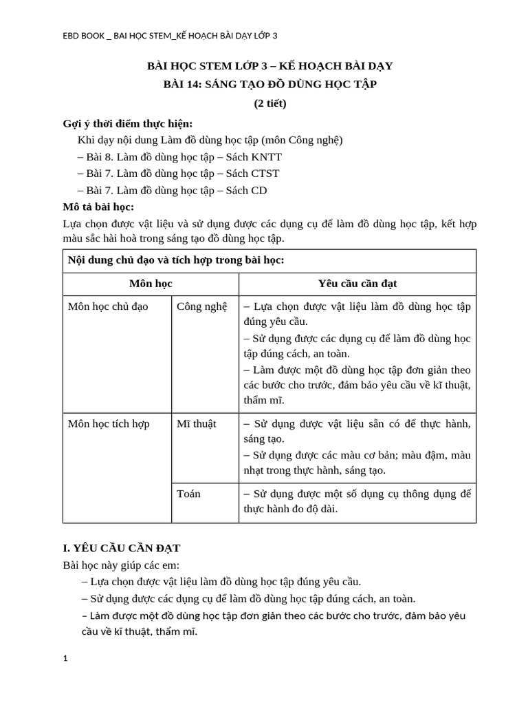 BH STEM 3 - BÀI 14 - Sáng tạo đồ dùng học tập - KHBD | PDF