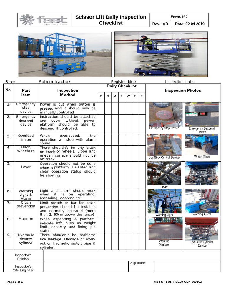 Scissor Lift Daily Inspection Checklist | PDF | Vehicles | Manufactured ...