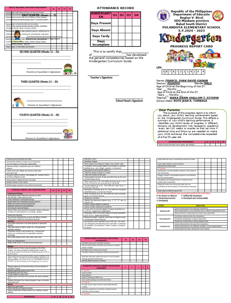 Kindergarten Report Card | PDF | Letter Case | Human Communication