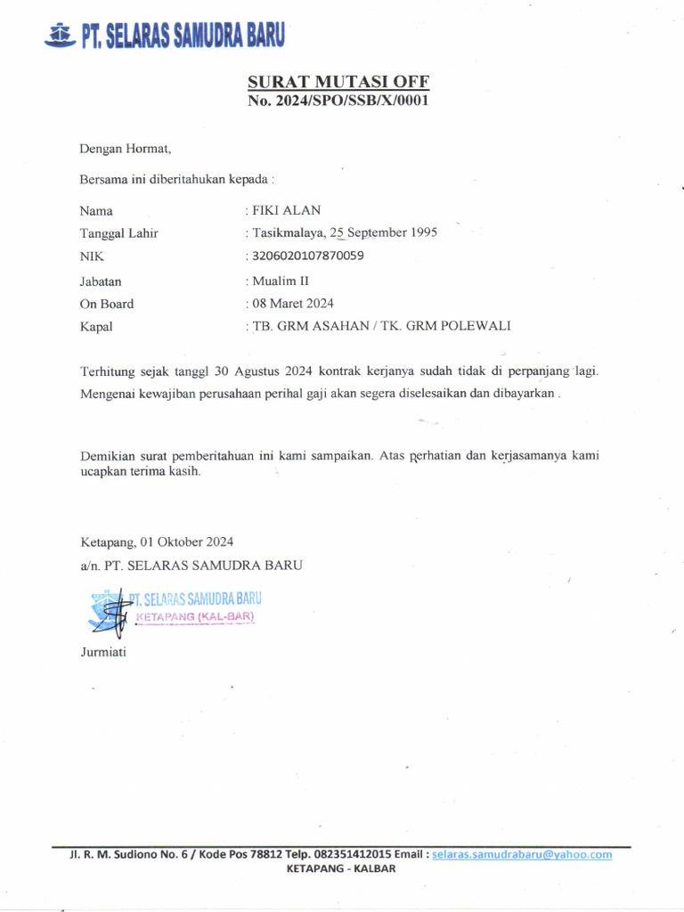 Mutasi Off Fiki Alan KPL Asahan-Polewali 30-08-2024 | PDF