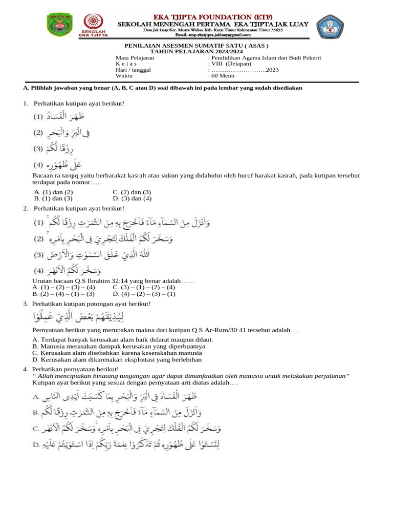 SOAL LITERASI DAN NUMERASI KUMER ASAS 1 PAI Kelas VIII 2023 | PDF
