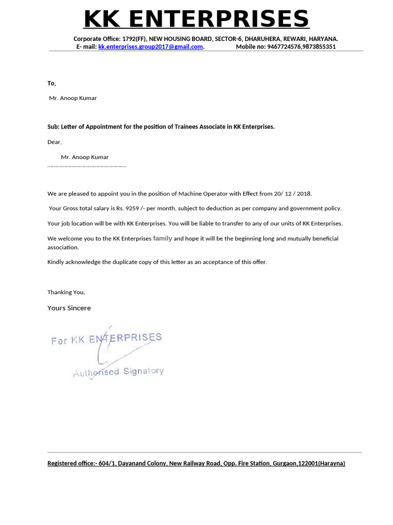 Appointment Letter for Machine Operator | PDF